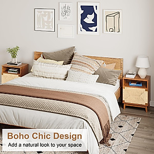 XIAO WEI Large Night Stand Set of 2 with Natural Paper Rope Hand-Woven Doors, Boho Nightstand Bed Side Table Accent End Table, Walnut