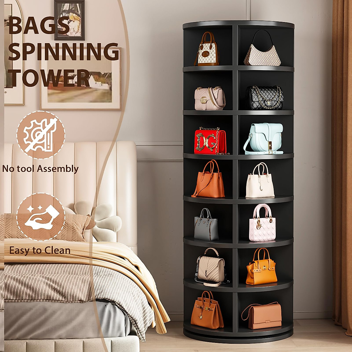 usihxjg Rotating Shoe Rack, 7-Tier Spinning Shoe Rack, Free Standing 360°Revolving Shoe Organizer, 63" Vertical Round Carousel Rotate Shoes Closet for Entryway Living Room Hallway Black