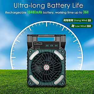 Sendowtek Portable Battery Fan with Solar Panel, 10400mAh Rechargeable Fan with Timer LED Light Small USB Battery Powered Camping Fans for Travel Picnic Outdoor Indoor Cooling Sleeping (Green)