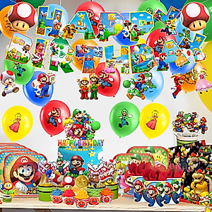49 PCS Marrio Birthday Party Decorations, Marrio Birthday Decorations for Boys Girls, Cute Marrio Party Supplies for Kids with Birthday Banner, Balloons, Cake Toppers, Hanging swirls