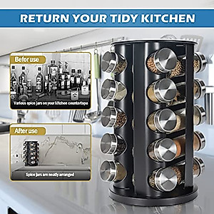 Black Countertop Revolving Spice Rack, Empty 20-Jars Rotating Spice Rack Organizer, Round Carousel Spice Rack Tower, 135 Spice Labels with Funnel Complete Set, for Kitchen Countertop, Cabinet