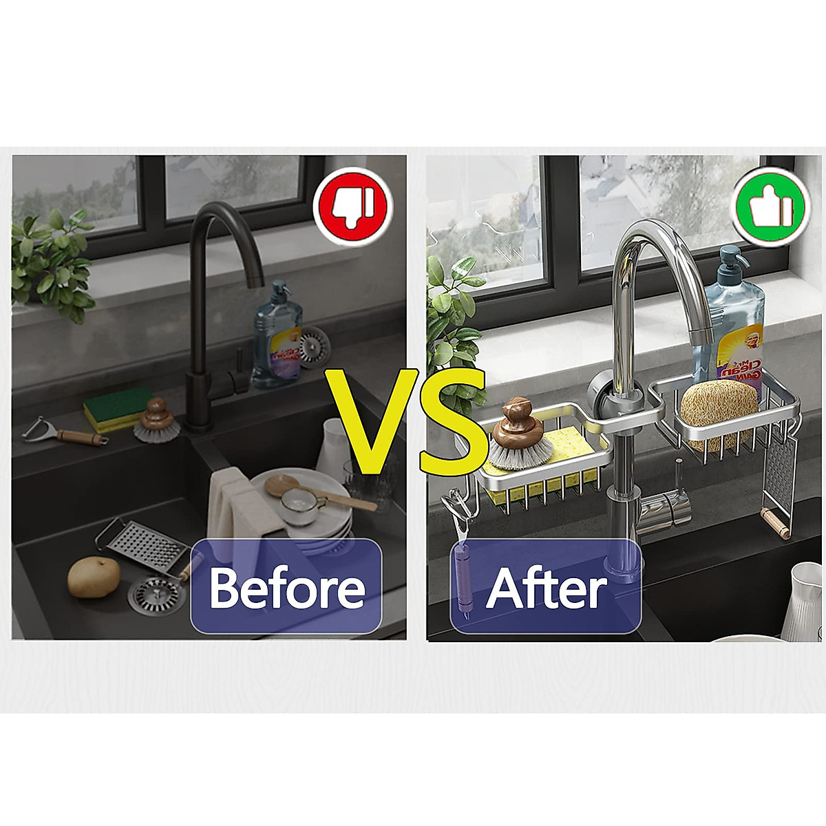 SIMCAS Sponge Holder for Kitchen Sink, Over The Sink Shelf Sponge Caddy, Stainless Detachable Faucet Drain Rack for Kitchen Sink Organizer and Storage, Bathroom (Double with Dishcloth Rack, Silver)