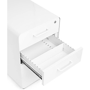 Poppin Stow 3-Drawer Rolling File Cabinet - White. 2 Utility Drawers and 1 Hanging File Drawer. Two Locking and Two Non-Locking Wheels. Powder-Coated Steel. Two Keys Included