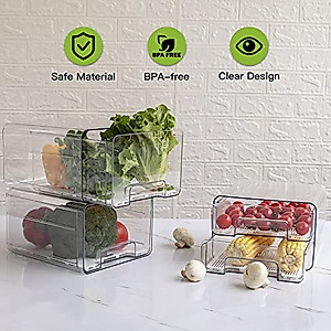 elabo Large Capacity Fruit Vegetable Storage Containers, Refrigerator Organizer Bins with Pull-out Drawer, Multifunctional Fridge Drawer Organizer, BPA-Free, Clear, with Removable Drain Tray