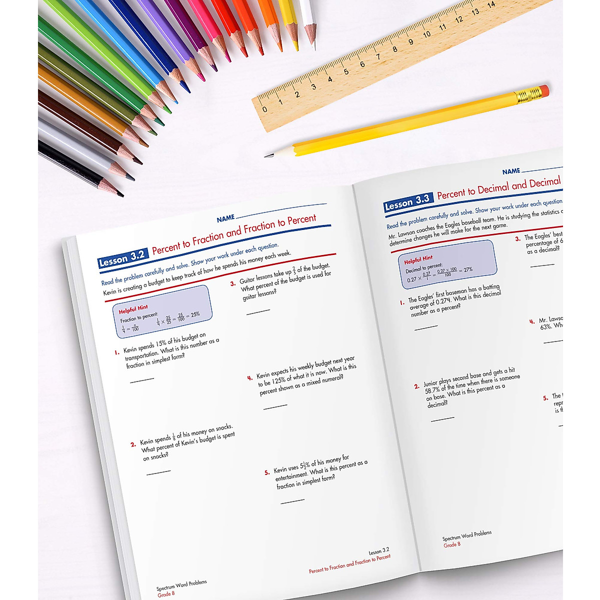 Spectrum 8th Grade Math Word Problems Workbook, Ages 13 to 14, Math Word Problems Grade 8, Percents and Interest, Whole Numbers, Algebra Prep, and Geometry Workbook - 128 Pages