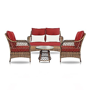 N&V Wicker Patio Furniture Rattan Conversation Chairs Loveseat with Table Cushions for Garden Backyard (Red 4 PCS)