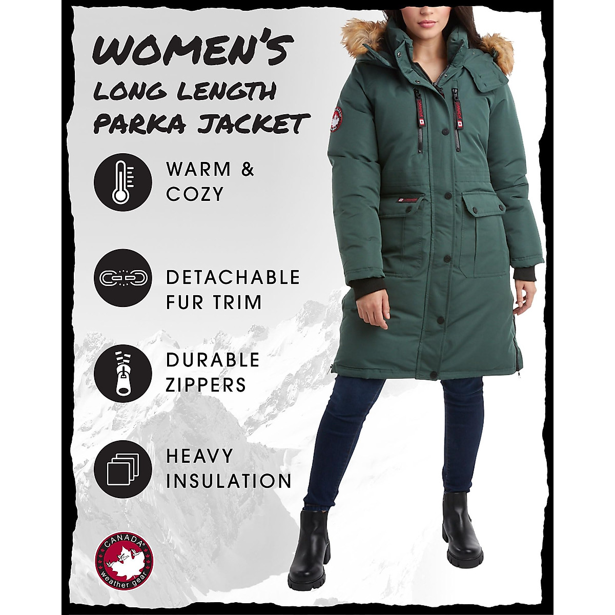 CANADA WEATHER GEAR Women's Winter Coat - Women's Parka and Long Winter Jackets for Women with Removable Faux-Fur Hood (S-3X), Size Small, Forrest Green/Natural