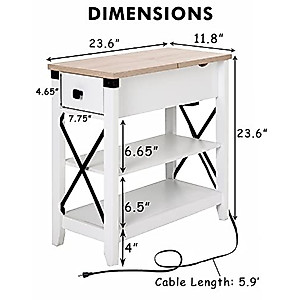 Awescuti Narrow End Table with Charging Station Farmhouse Slim Side Table with USB Ports and Power Outlets, Nightstand with Flip Top and Storage Drawer, for Small Spaces Living Room Bedroom, White