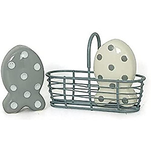 White and Grey Ceramic Fish Shaped Salt & Pepper Shaker Set in Wire Holder