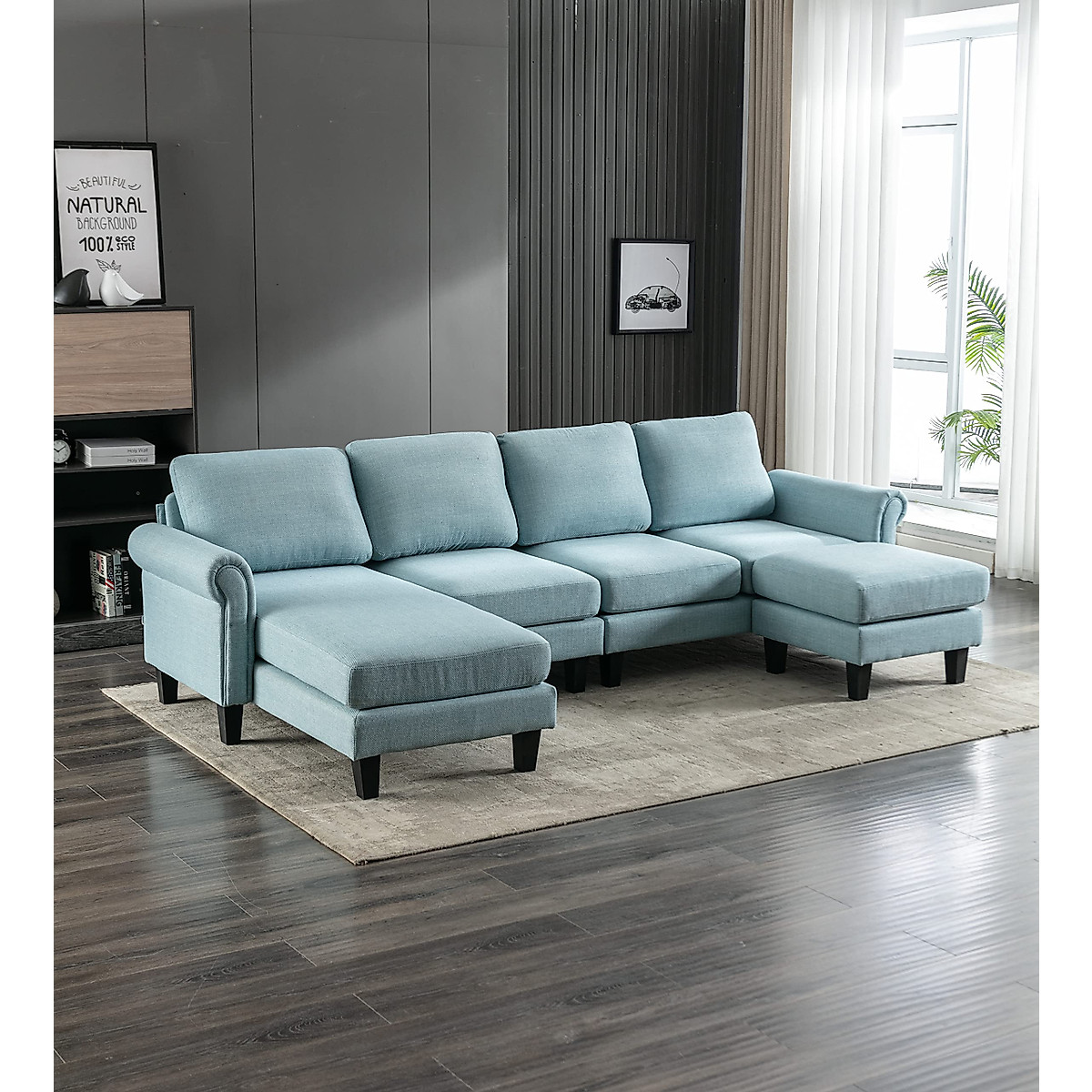 kevinplus 108'' Sectional Sofa Couch L-Shape with Chaise Lounge & Convertible Chaise Ottoman for Living Room, Modern U-Shape Sofa Couch with Solid Wooden Legs for Office Apartment Studio, Light Blue