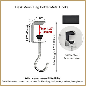 YEMCHI 2 Pack Desk Mount Bag Holder Metal Hook Clamp-On Backpack Hanger Industrial Style, Women's Handbag Purse Hangers, Portable Mount Headphone Holder Reduce Desk Clutter for Table Desk (Silver)