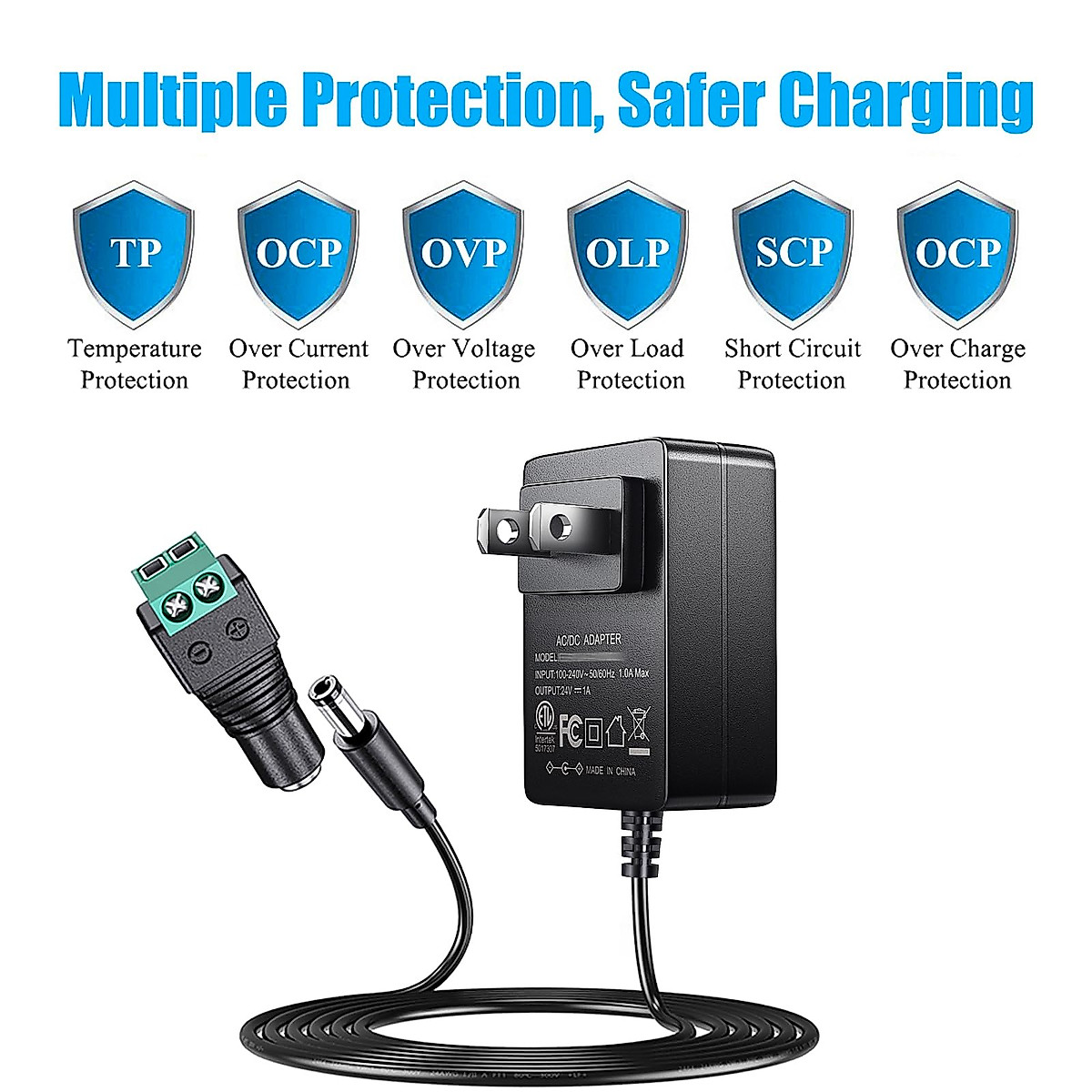 SoulBay 24V 1A Power Supply Adapter w/ 8 Tips for CCTV WiFi Camera Router LED Strip Light, AC 100-240V to DC 24 Volt Plug in Transformer Cord with ETL Certificate, 5 FT