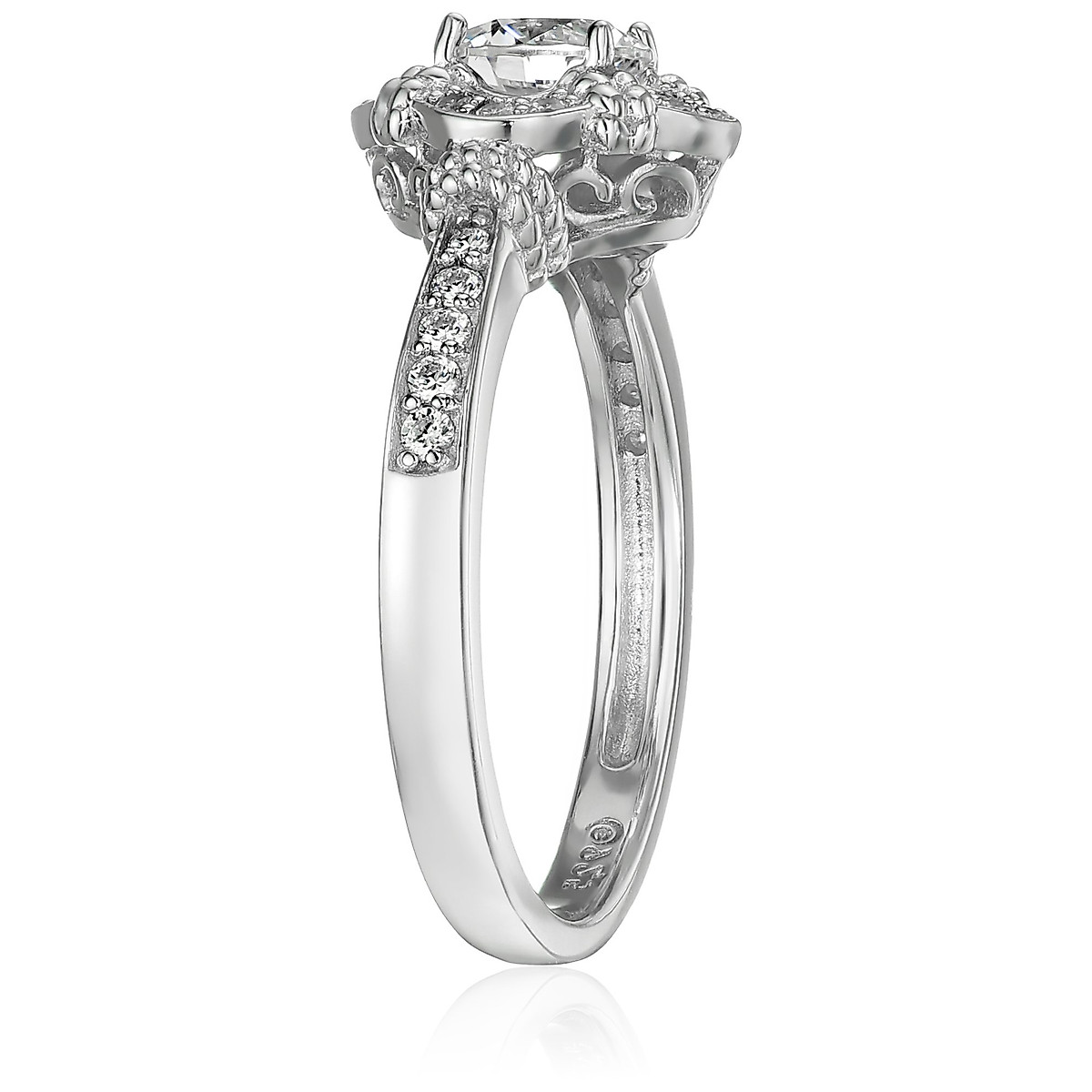 Amazon Essentials Sterling Silver Platinum Plated Infinite Elements Cubic Zirconia Framed Halo Antique Ring, Size 8, (previously Amazon Collection)