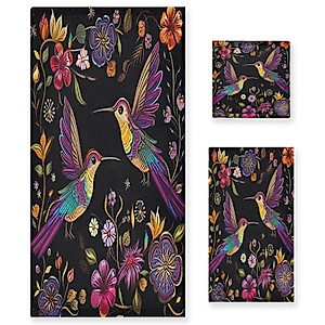 Flradish Hummingbirds Flowers Towels 3 Pack Bath Towels for Bathroom Set Soft Cotton Highly Absorbent Lightweight & Quickdry Towel Set 1 Bath Towel,1 Hand Towel,1 Washclothe