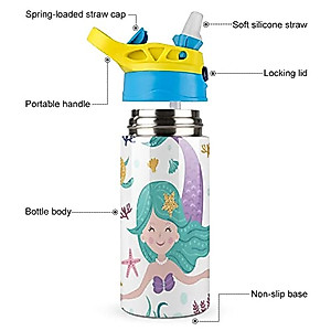 Water Bottle With Straw Mermaid Insulated Stainless Steel Vacuum Cup 500Ml For School 7.5x2.7 in