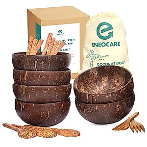 ENEOCARE Set of 6 Natural Coconut Bowls and Wooden Spoon Sets | Organic Reusable Eco-friendly Smoothie Bowls and Spoons, Forks | Perfect for Smoothie Bowls, Acai Bowls, Buddha Bowls (6)