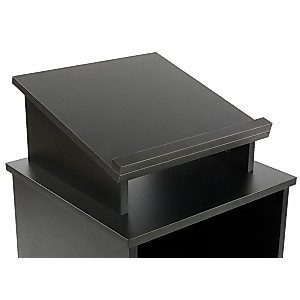 Rolling Wood Podium, 44"H, Locking Wheels, 2 Shelf Open Cabinet, Top Surface with Lip (Black)