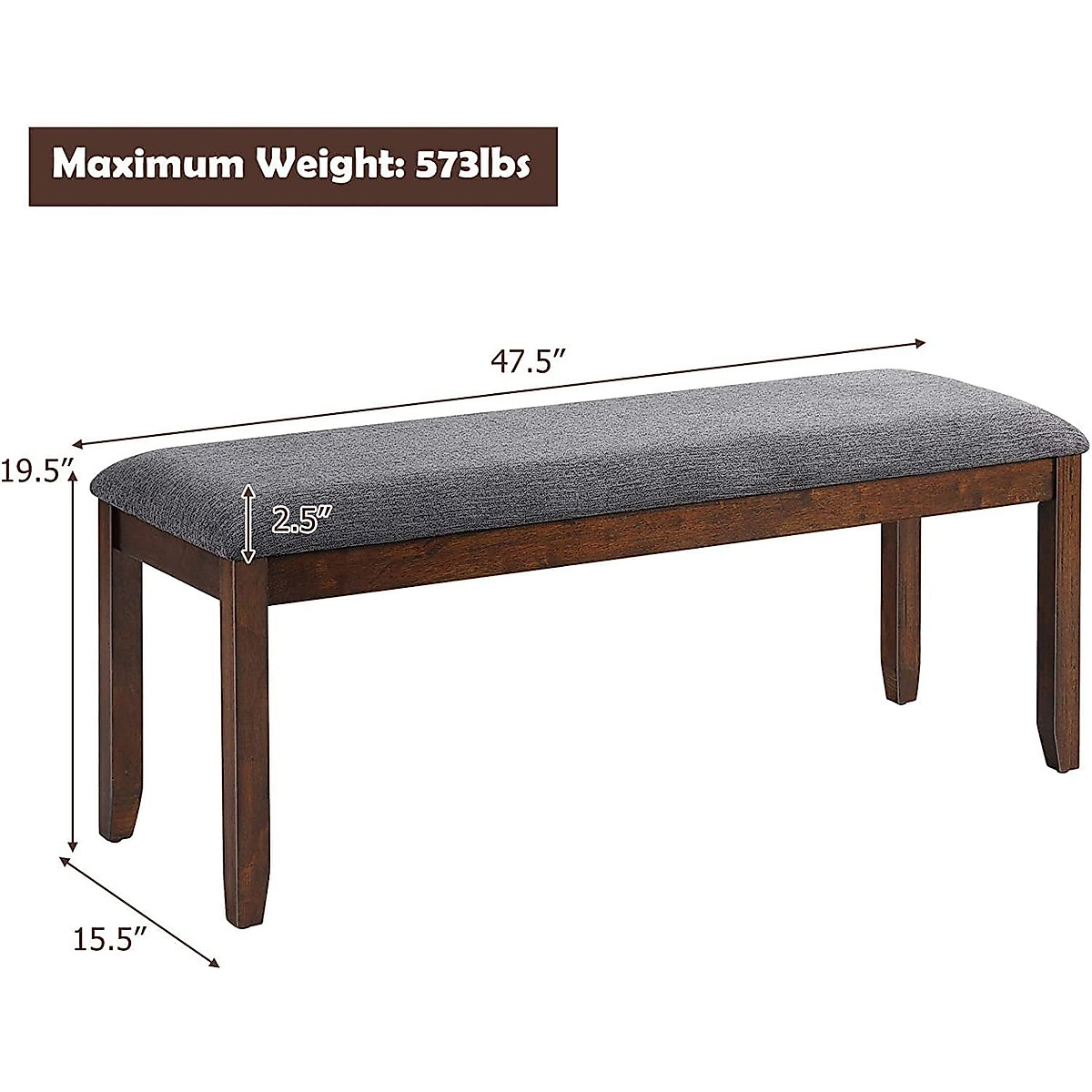 NAFORT Dining Bench Entryway Bench Upholstered Dining Bench, Rubberwood Legs &amp; Fabric Padded Seat, End of Bed Bench for Bedroom/Living Room, Dark Grey