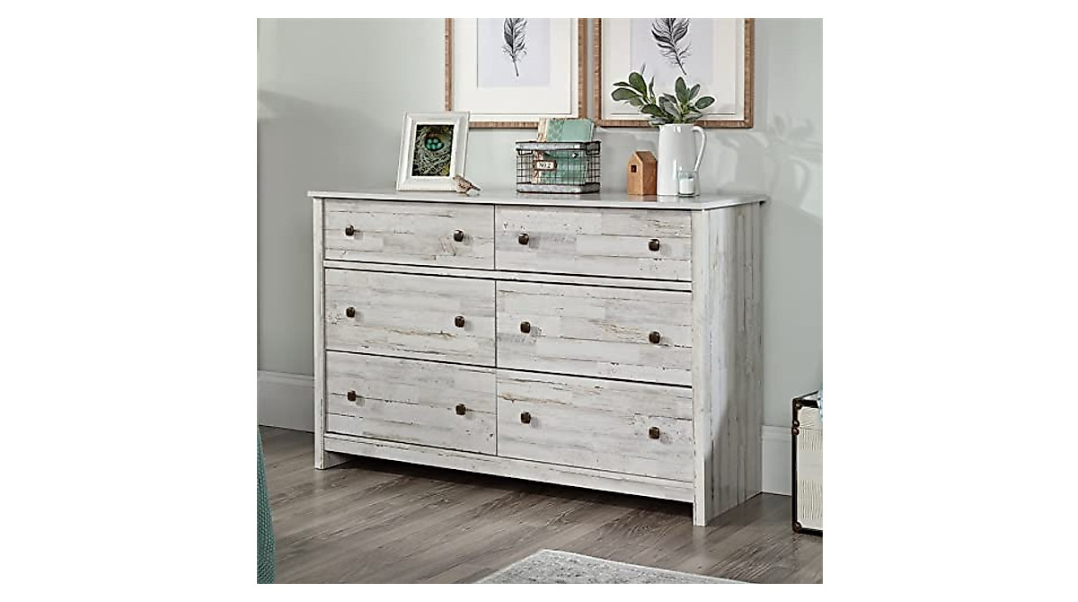 Sauder River Ranch 6-Drawer Dresser in White Plank - Rustic Style & Storage