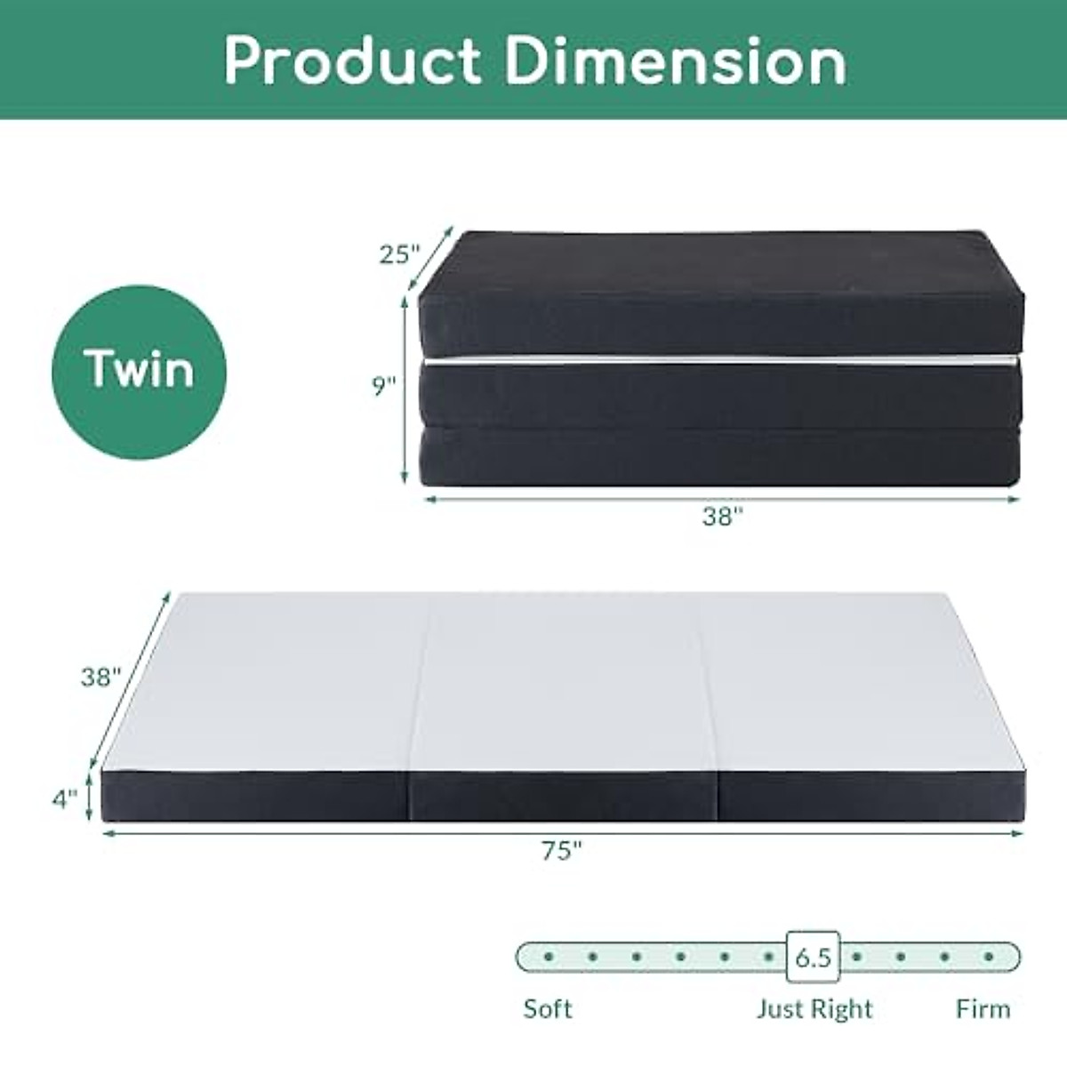Airdown Tri-Fold Memory Foam Mattress, 5 inch Twin Folding Mattress with Washable Cover, Foldable Mattress Portable for RV Camping, Guest Mat, Easy Storage, 75"×38"×5"