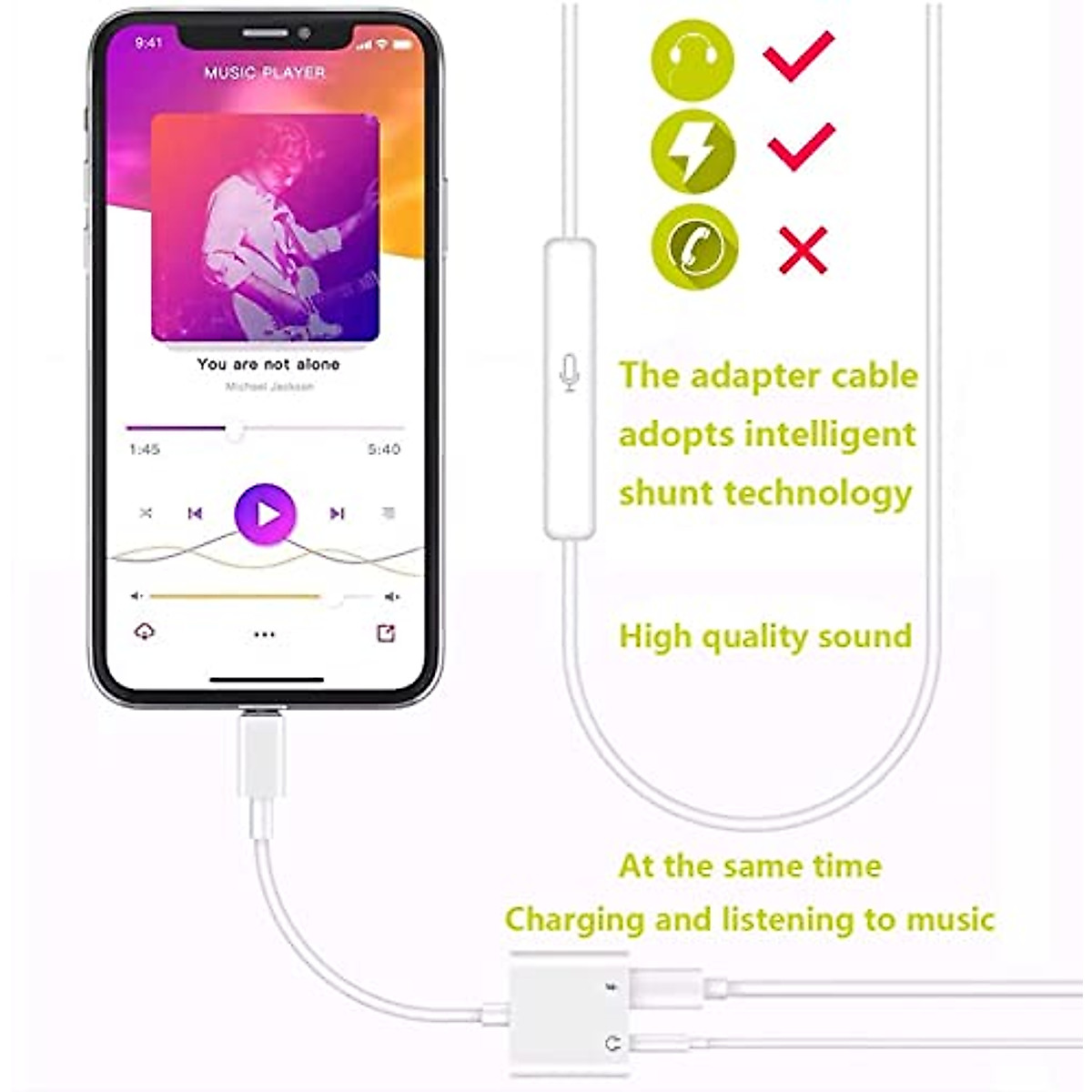 2 Pack Headphone Adapter for iPhone, [Apple MFi Certified] 2 in 1 Lightning to 3.5mm AUX Audio + Charger Splitter Compatible with iPhone 14/13/12/11/XS/XR/X 8/7/SE, Support Music Control(Not for Call)