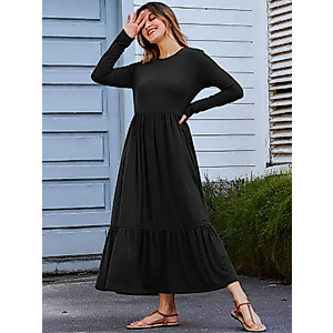 LILLUSORY Womens Long Sleeve Crewneck Ruffle Swing Midi Dress 2023 Fall Casual Loose Tiered Maxi Dresses with Pockets Black