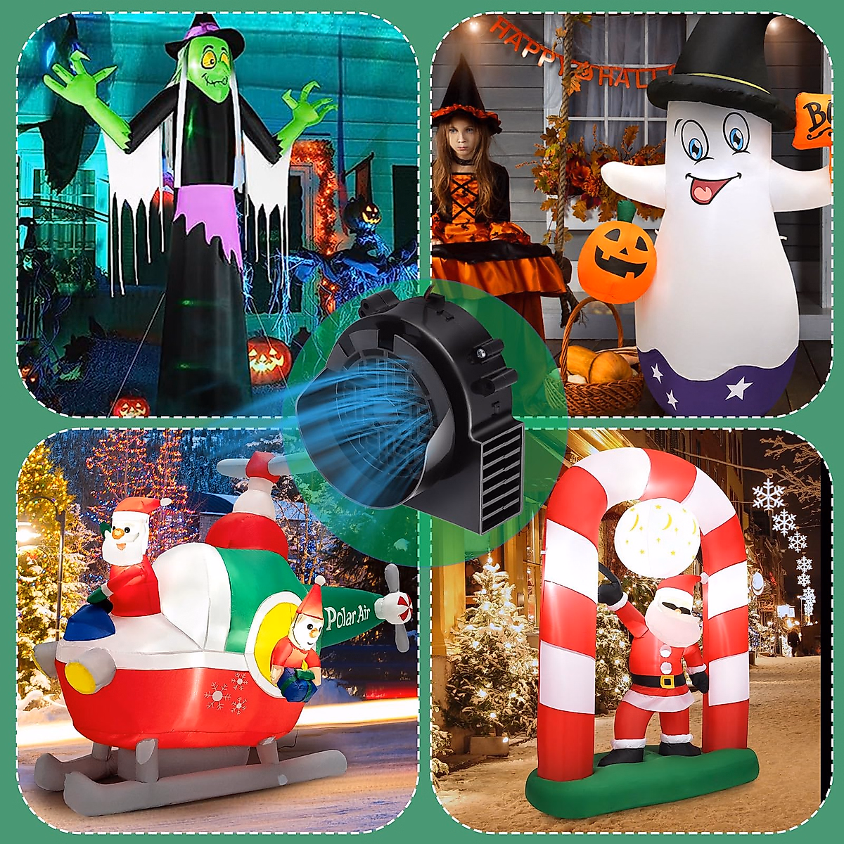 Inflatable Fan Replacement, 0.8A Air Fan Blower with 1.0A Adapter and 3 LEDs Bulbs Light Strings for Halloween, Thanksgiving and Christmas Inflatables (IP68 Waterproof, 3.8 * 3.8'')