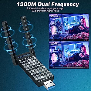 USB WiFi Adapter, ElecMoga 1300Mbps Wireless Network Adapter Dual Band 5GHz/2.4GHz WiFi Dongle USB 3.0 5dBi Antenna WiFi Adaptor for Desktop PC, Support Windows 11/10/8.1/8/7, Mac OS 10.9-10.15