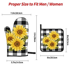 Sunflower Black White Buffalo Plaid Oven Mitts and Pot Holders Sets of 4 High Heat Resistant Yellow Floral Lumberjack Check Oven Mitts with Oven Gloves and Hot Pads Non-Slip Potholders for Kitchen BBQ