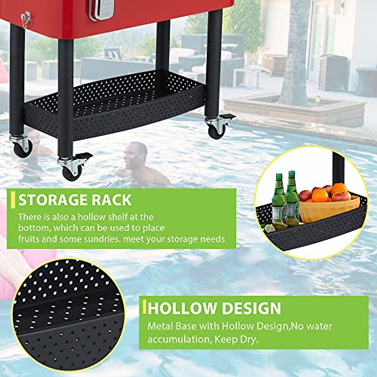 YOLENY 80 Gallon Rolling Cooler Cart Bottom Rack, Removable Stand, Fit in a Car, Rolling Freezer with Wheels, Backyard Cooler Trolley, Bottle Opener, Drain Plug, and Locking Wheels, Red