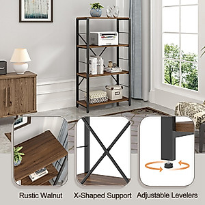 FOLUBAN Modern Bookshelf, 4 Tier Open Display Storage Book Shelf Organizer, Industrial Metal and Wood Bookshelves and Bookcases for Living Room Bedroom Office, Rustic Walnut