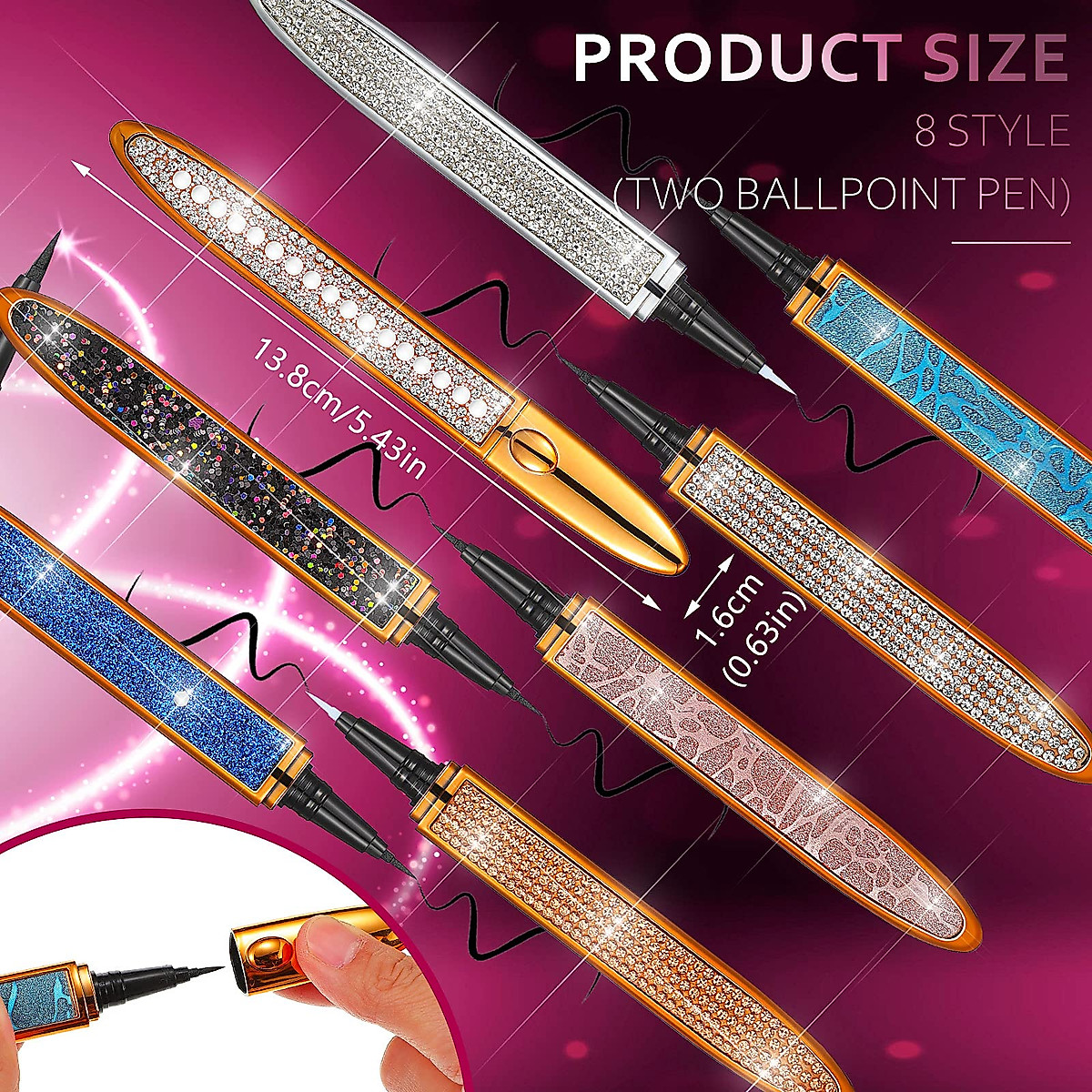 8 Pieces Self-adhesive Eyeliner 2 in 1 Eye Liner Pen Diamond Liquid Eyeliner No Glue No Magnetic Eyeliner Waterproof Long Lasting for Women Girls Eye Makeup False Eyelashes Sticking (Stylish Style)