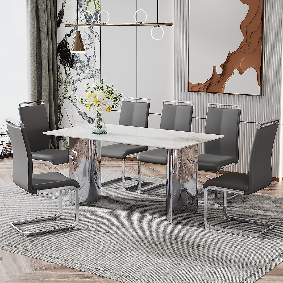 Faux Marble Dining Room Table Set for 6,Modern Rectangular Faux Marble Dining Table Top,7 Piece Dining Table Set with 6 Pcs Leather Dining Chairs for Kitchen Dining Room