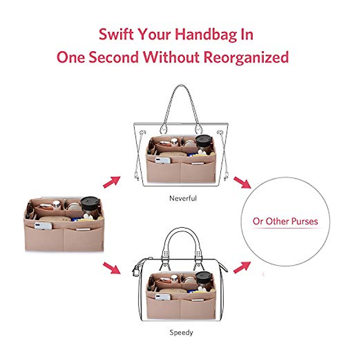 ZTUJO Felt Purse Organizer, Multi Pocket Bag in Bag Organizer For Tote & Handbag Shaper, Speedy 30, Speedy 35 and Speedy 40 (Medium, Beige)