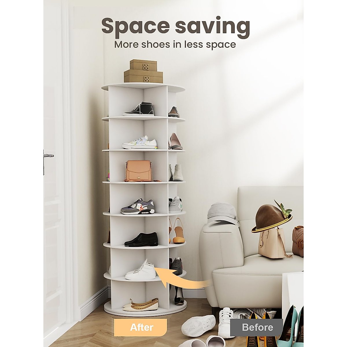 Toemics 7 Tier Rotating Shoe Rack Tower 28 Shelves, 360° Spinning Display Lazy Susan Organizer, Carousel for Shoes & Handbags, Easy Assembly, Includes 4 PCS Double-Layer Shoe Racks, White