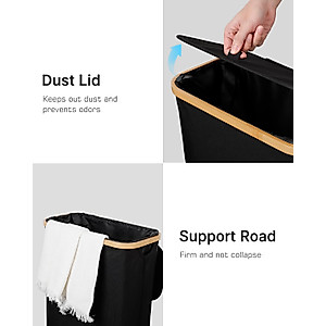 Slim Laundry Hamper with Wheels, 60L Rolling Laundry Basket with Lid and 2-Inch Silent Wheels, Small Clothes Hamper with Bamboo Handles for Clothes Toys in Dorm Bedroom Bathroom, Black