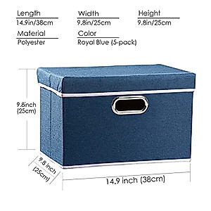 PRANDOM Foldable Storage Bin with Lid [5-Pack] Linen Fabric Decorative Storage Box Organizer Container Basket Cube with Handles Divider for Closet Office Living Room Royal Blue(14.9x9.8x9.8)