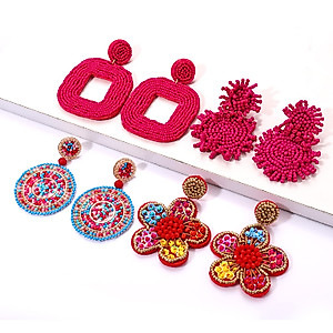 YAHPERN 4 Pairs Beaded Earrings for Women Boho Geometric Beaded Dangle Earrings Statement Pineapple Flower Drop Earrings Colorful Summer Earrings Set Jewelry Gift (Style C)