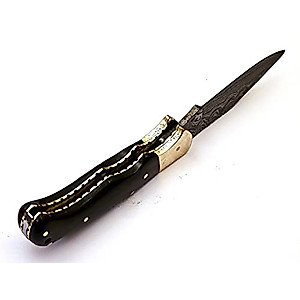 Skokie Knives Custom Hand Made Damascus Steel Hunting Folding Knife Handle Bull Horn