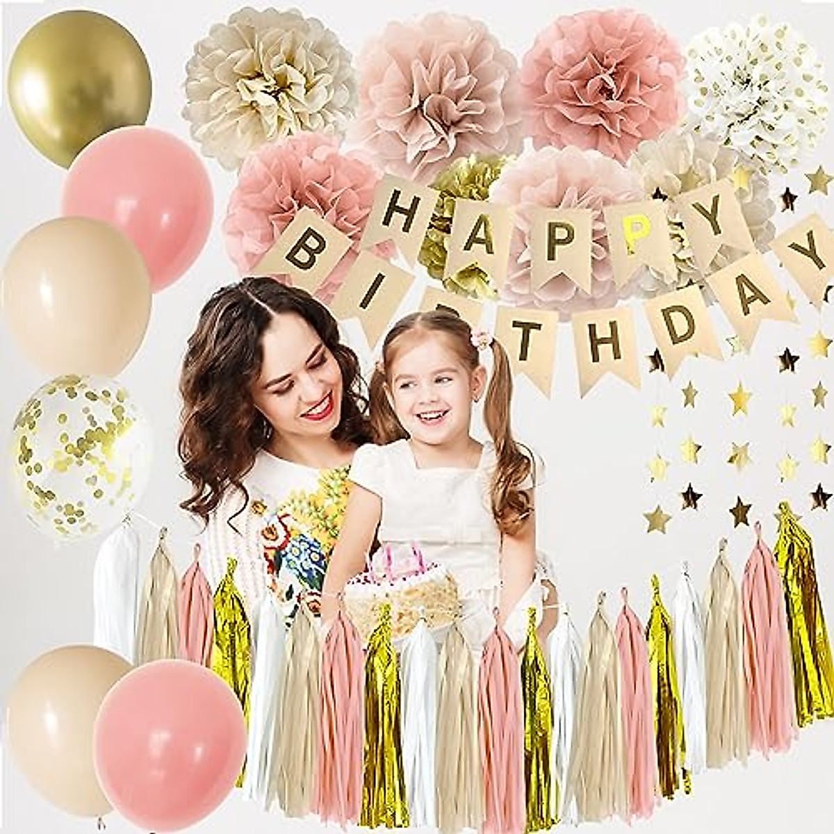 ANSOMO Retro Pink Happy Birthday Party Decorations Dusty Rose Gold Nude Blush Apricot Tan Kraft Paper Banner Balloons Rustic Boho Décor Supplies Women Girls Baby Tassel Garland