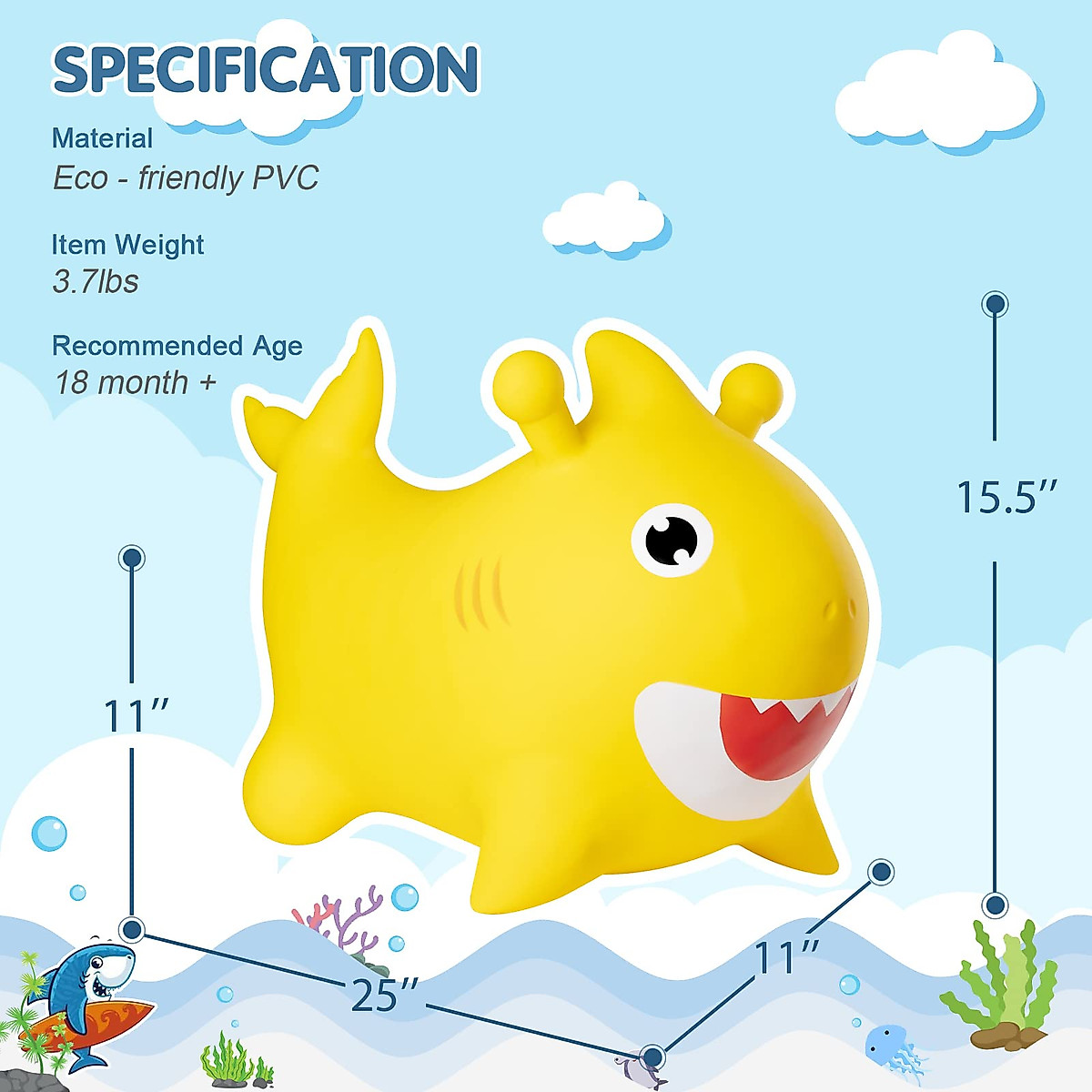 INPANY Baby Shark Toys for 2 Year Old Boy, Bouncy Animals for Toddler, Inflatable Hopper Ball, Outdoor Indoor Ride on Rubber Hopping Horse Bouncer, Cool Birthday Gifts 3 4 Year Old Girl Decorations