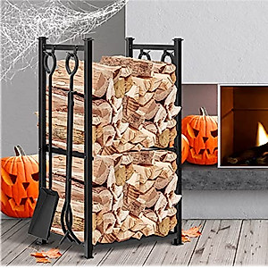 AMAGABELI GARDEN HOME Garden Home Firewood Rack Indoor with Fireplace Tools Set Log Holder Wood Rack Outdoor Log Rack Storage Tongs Poker Brush Shovel Bin Stacking Black Wrought Iron Accessories Kit