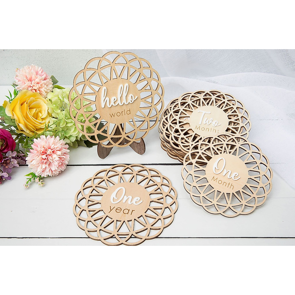 Baby Monthly Milestone Wooden Cards | First Year | Hello World | Photo Prop | Cutout Geometric Acrylic Boho Baby Gift Months 1-12 Hello World