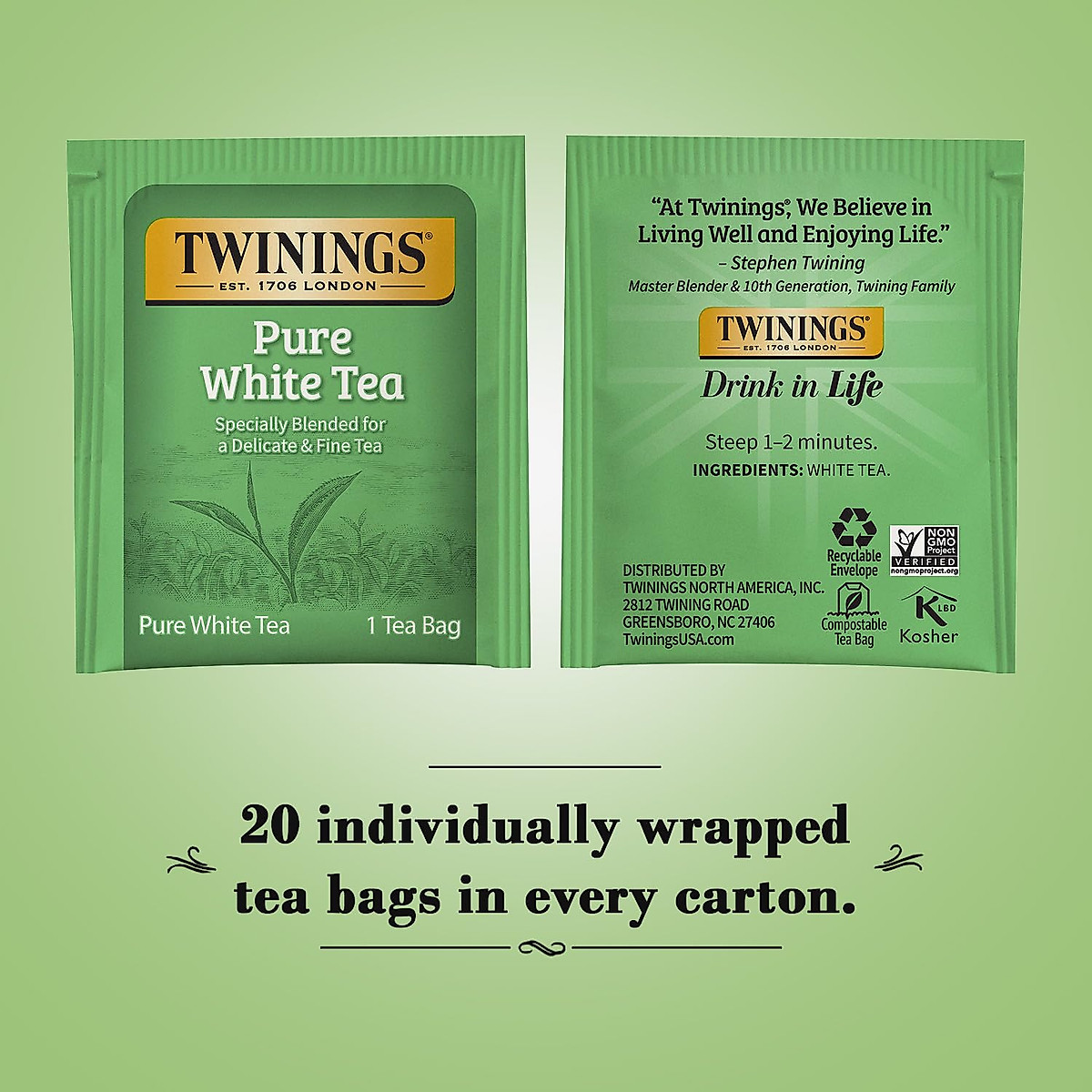 Twinings Pure White Tea Bags - Delicate Caffeinated Tea Made from Fresh White Tea Leaves, Perfect for Hot or Iced Tea, 20 Count (Pack of 2)