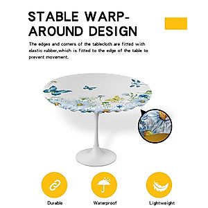 Big buy store Elastic Edged Waterproof Tablecloth Round Daisy Butterfly Dragonfly Reusable Wipeable Table Cover Watercolor Flowers Washable Oil-Proof Fitted Table Cover up up to 36"- 44" Round Tables