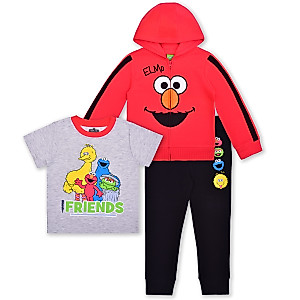Sesame Street Elmo and Cookie Monster Boys Zip-up Hoodie, T-Shirt and Pants Set for Infant and Toddlers