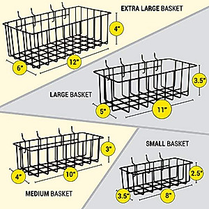 ToolAssort Pegboard Basket Set of 4, Hooks Easily to Arrange Accessories, Organizer Bins Transform any Garage, Crafts Room, Nursery or Kitchen, Black Vinyl Coated Wire Basket Kit