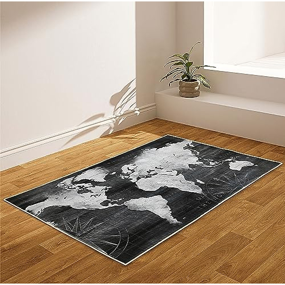 Black Area Rugs for Bedroom, Living Room, World Map Modern Abstract Non-Slip Area Rug Distressed Floor Carpet, 8 x 10 feet