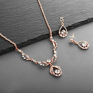 Mariell Rose Gold Vintage Crystal Necklace and Earrings Wedding Jewelry Set for Brides, Bridesmaids, Prom