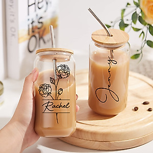 Mostop Personalized Iced Coffee Glass with Lids and Straws, Can Glass Cups, Custom Birth Flower Tumbler, Mother's Day Gift Birthday Gifts, Gifts for Her Girlfriend Bachelorette Party